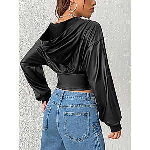 WDIRARA Women's PU Leather Ruched Zip Up Hoodie Long Sleeve Drop Shoulder Crop Jacket Black XS