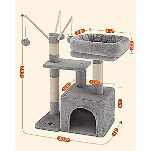 Feandrea Cat Tree, Small Cat Tower with Padded Perch, Cat Cave, 3 Pompoms, Cat Activity Center, Light Gray UPCT121W01
