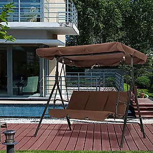 MCombo 3-Person Outdoor Patio Swing Chair, Convertible Canopy Hanging Swing Glider Lounge Chair, Removable Cushions, 4003 (Brown)