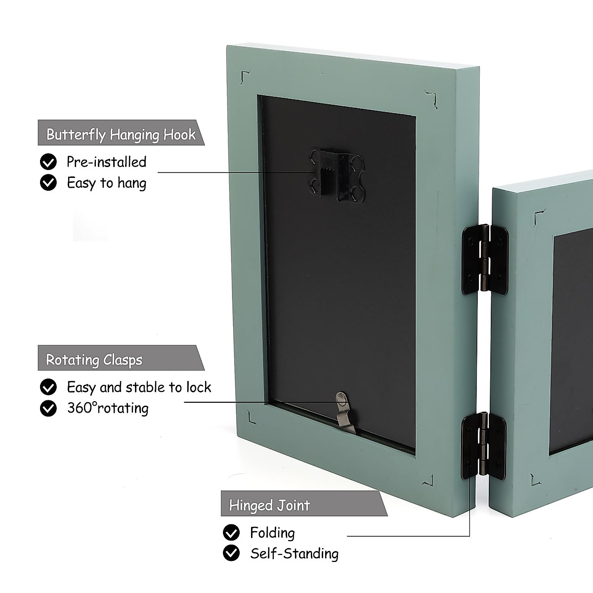 Tamolus 4x6 Double Hinged Picture Frame Folding Photo Frame Vertical and Horizontal in Teal Blue Pine Wood with Real Glass for Tabletop X3-LAN-SH46
