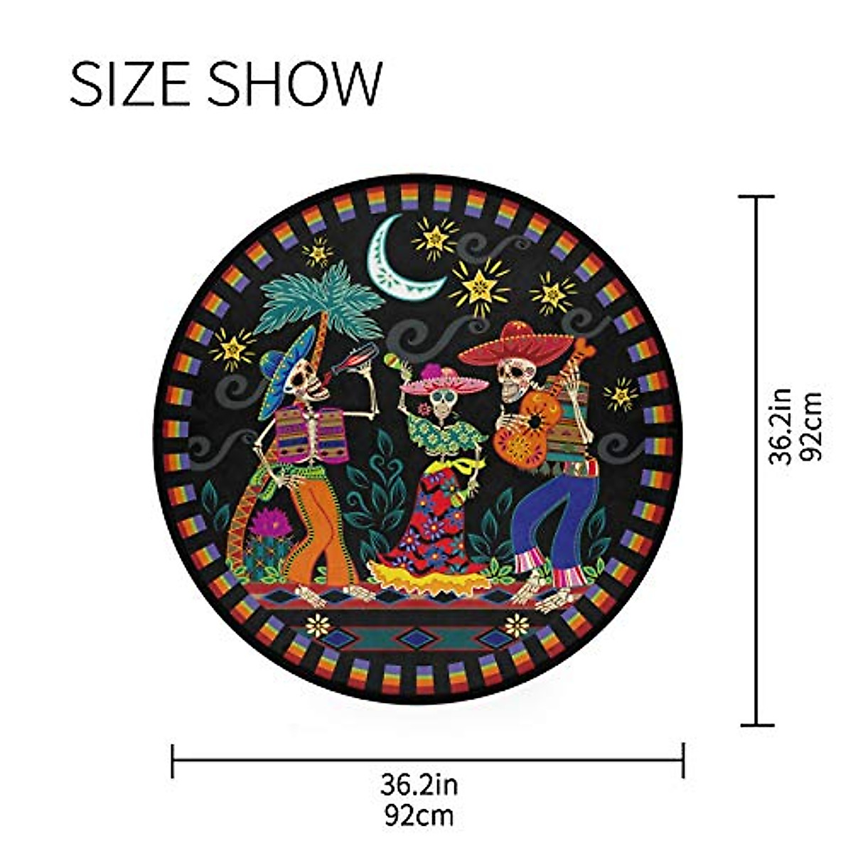 Skull Music Band Round Area Rug Soft Non Skid Easy Clean 3ft Area Carpet Day of The Dead Circle Floor Mat for Living Room Kitchen Bathroom