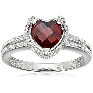 Silver Heart Shape Garnet with 0.03 cttw Diamonds Ring, Size 7