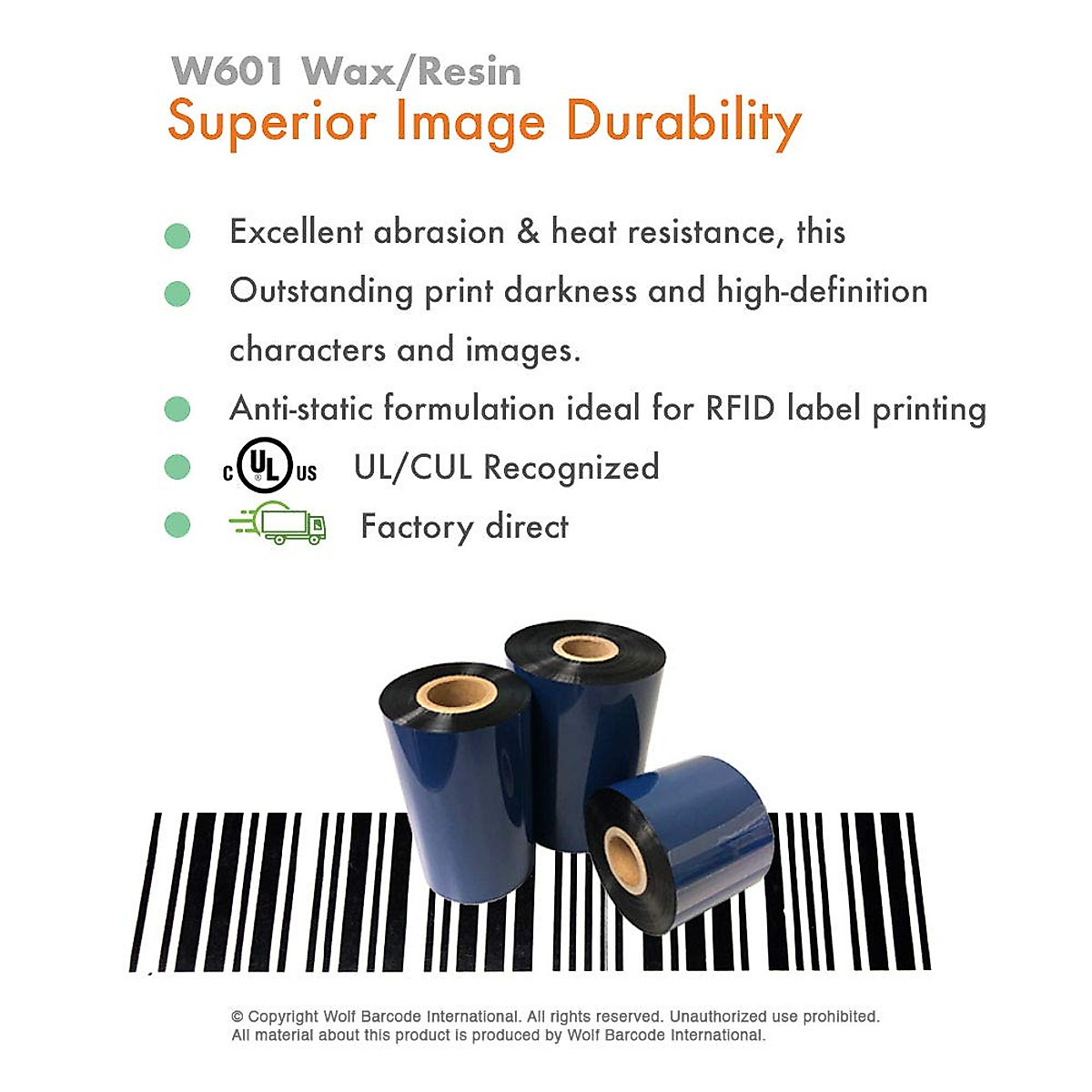 12 Rolls Wolfbarco 2.36" x 1476' (60mm x 450m) Black Premium Wax/Resin Thermal Transfer Ribbon, CSO, Compatible with Zebra,TEC, INTERMEC,Citizen,TSC,GODEX,ARGOX Printers