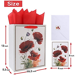 Qirrmiy 13” Large White Gift Bag Set with Greeting Card and Tissue Paper (Watercolor Red Flowers) for Celebrating Birthdays, Weddings, Anniversaries, Mother's Day - 10.2”x5.2”x13”, 1 Pcs.