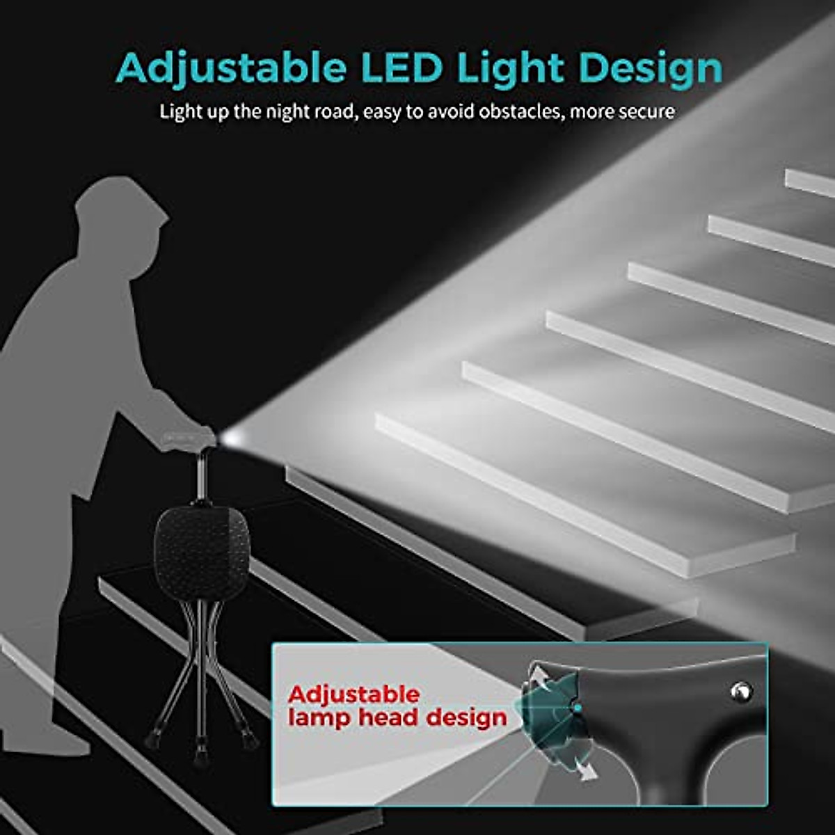 Folding Cane with Seat,Adjustable Walking Stick for Seniors,Lightweight Walking Cane with LED Light,Height Adjustment Cane Seat,Portable Cane Chair,Sturdy Crutches Stool,Supports up to 250 lbs