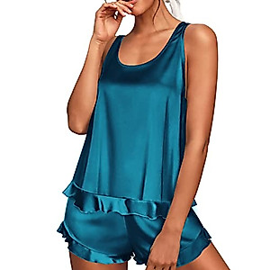 Ekouaer Silk Pajamas Set Women Satin Sleepwear 2 Piece Pjs Tank Top and Shorts Sleep Nightwear Gift Blue Green M