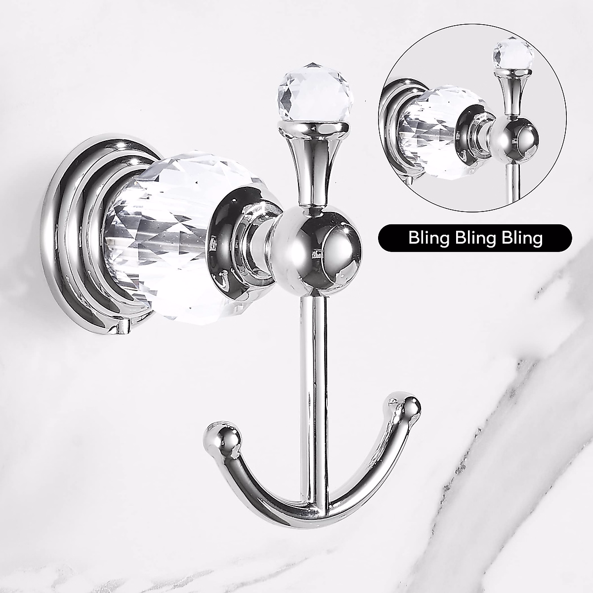BATHSIR Crystal Robe Hook, Polished Chrome Double Towel Hook for Bathroom, Wall Mounted Silver Coat Hook