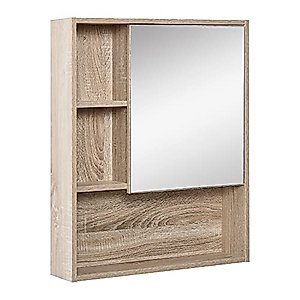 kleankin Wall-Mounted Wooden Bathroom Medicine Cabinet, Storage Cabinet with Mirror Glass Door Adjustable Open Shelf Oak Grain