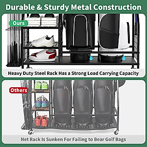 HoneySky Golf Storage Organizer for Garage, Double Golf Bag Stand Storage Rack with Lockable Wheels, Extra Large Golf Organizer for Golf Clubs and Golf Accessories, Ideal Gifts for Golfer