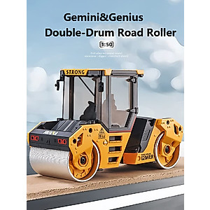 Gemini&Genius Double-Drum Road Roller Toy Construction Vehicle Toy 1/50 Scale Die-cast Grader Engineering Road Planer Vehicle, Asphalt Drum Compactor Alloy Model Toys and Collections for Kids