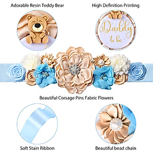 XINRUI Floral Maternity Sash Mummy Daddy to Be Corsage Pin Set Blue Teddy Bear Baby Shower Sash Belly Belt Flower Pregnancy Photo Props Maternity Photography (Champagne)