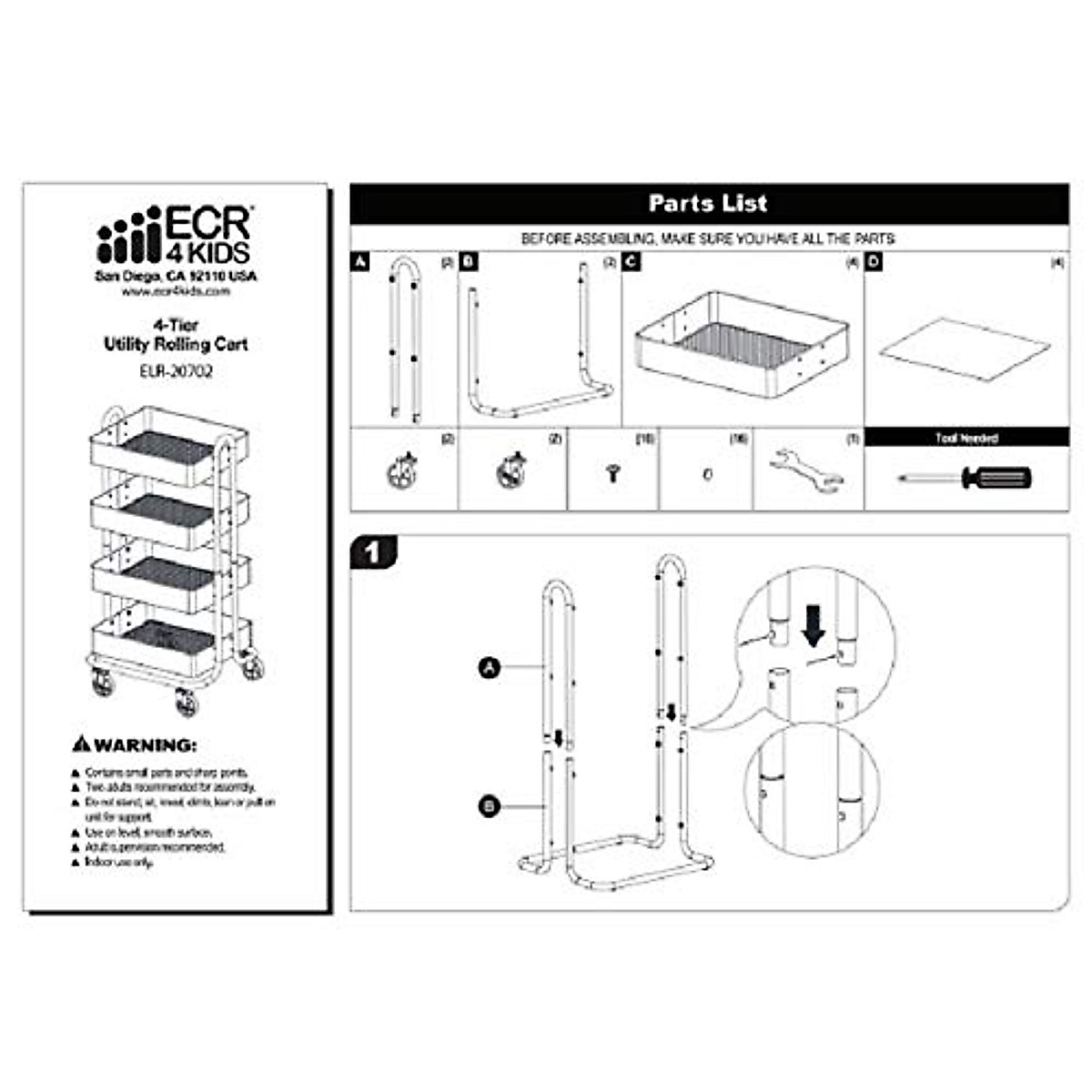 ECR4Kids-ELR-20702 4-Tier Metal Rolling Utility Cart - Heavy Duty Mobile Storage Organizer, Black