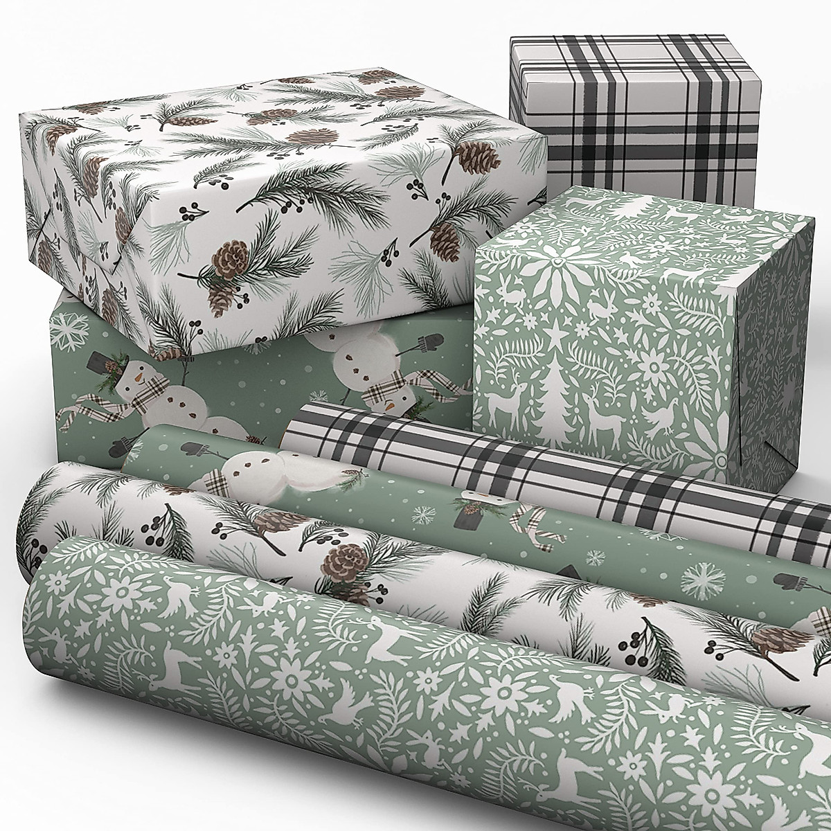 Hallmark Recyclable Neutral Christmas Wrapping Paper (4 Rolls: 100 Sq. Ft. Ttl) White and Sage Green Evergreen Pinecones, Rustic Snowmen, Plaid, Nordic Deer and Foliage