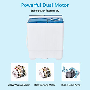 COSTWAY Portable Washing Machine, Twin Tub 26 Lbs Capacity, 18 Lbs Washer and 8 Lbs Spinner, Compact Washer with Control Knobs, Timer Function, Drain Pump, Laundry washer for Apartment RV, Blue