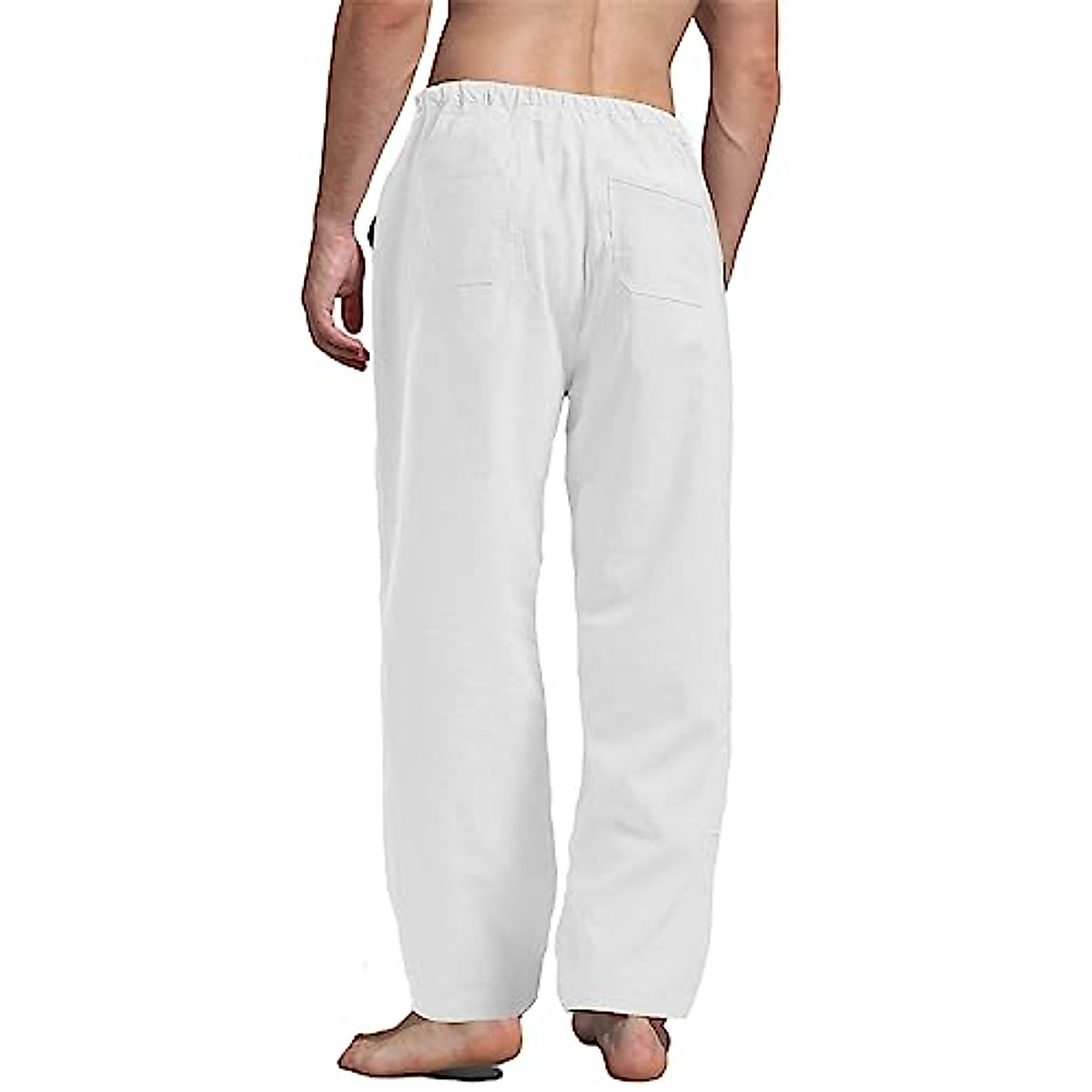 perdontoo Mens Casual Cotton Linen Pants Elastic Waist Drawstring Straight Summer Beach Pants (X-Large, White)