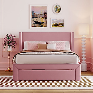 Anwickhomk Queen Size Fabric Upholstered Platform Bed Frame, Modern Upholstered Platform Bed with Headboard, with Big Storage Drawer,Heavy Duty Bed Frame with Wood Slat Support, Pink