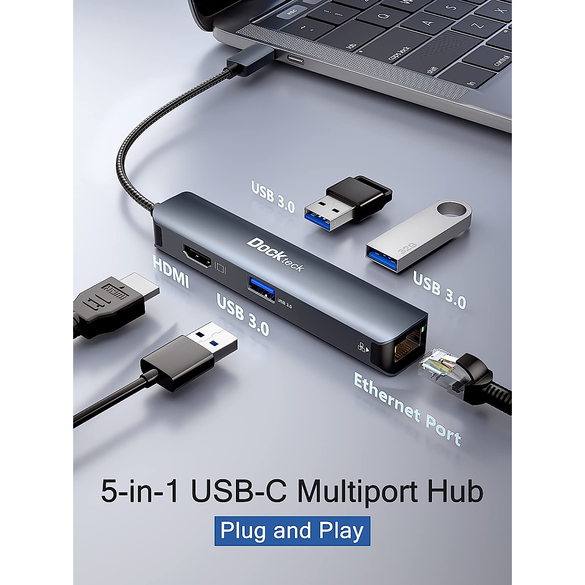 USB C Hub Ethernet, Dockteck 5-in-1 Multiport Adapter with USB C to 4K HDMI,1Gbps LAN, 3 USB 3.0, for MacBook Air/Pro, iPad Air/Pro, Surface Pro, XPS and More
