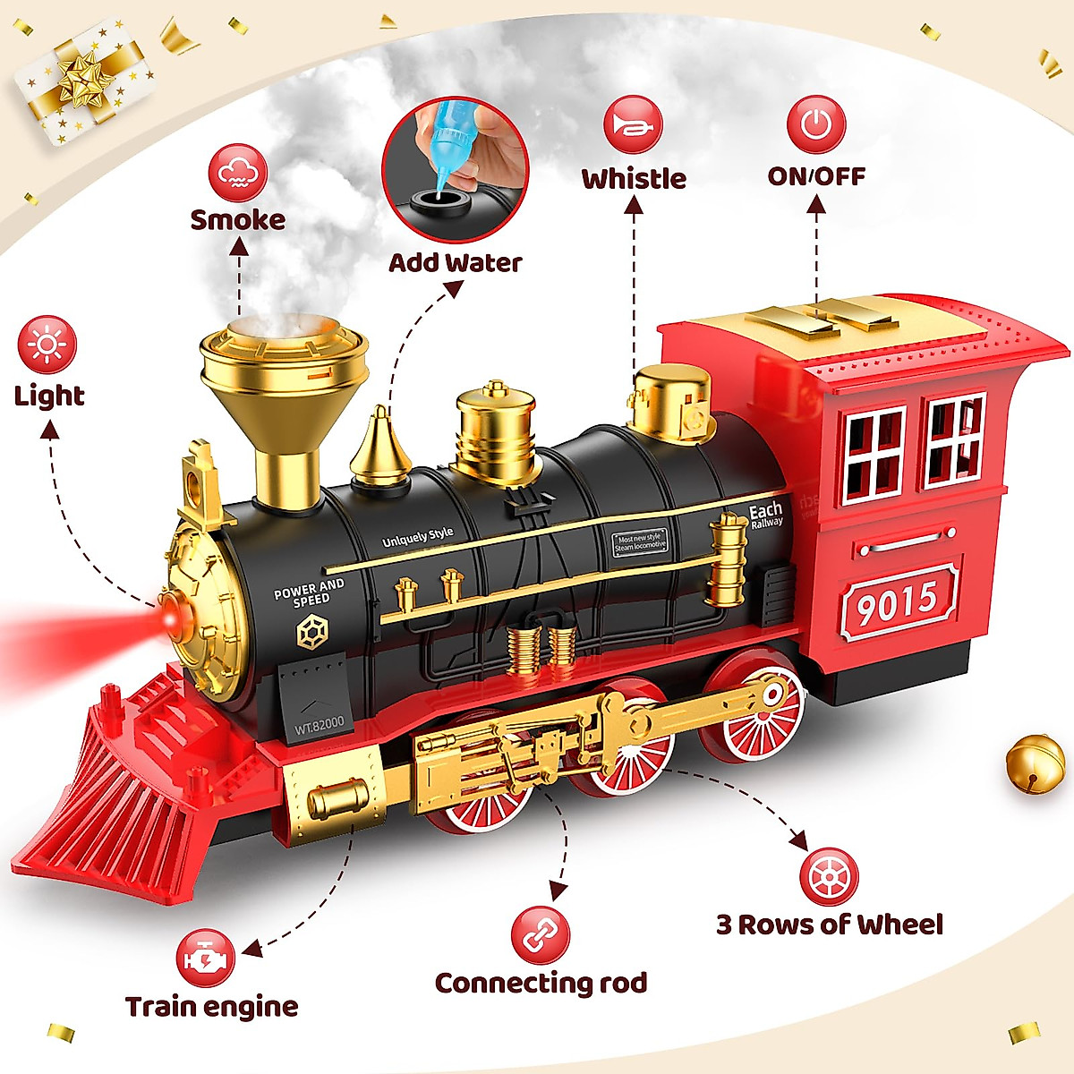 Hot Bee Train Set - Train Toys for Boys w/Smokes, Lights & Sound, Toy Train w/Steam Locomotive, Train Carriages & Tracks, Toddler Model Trains for 3 4 5 6 7 8+ Years Old Kids Birthday Gifts