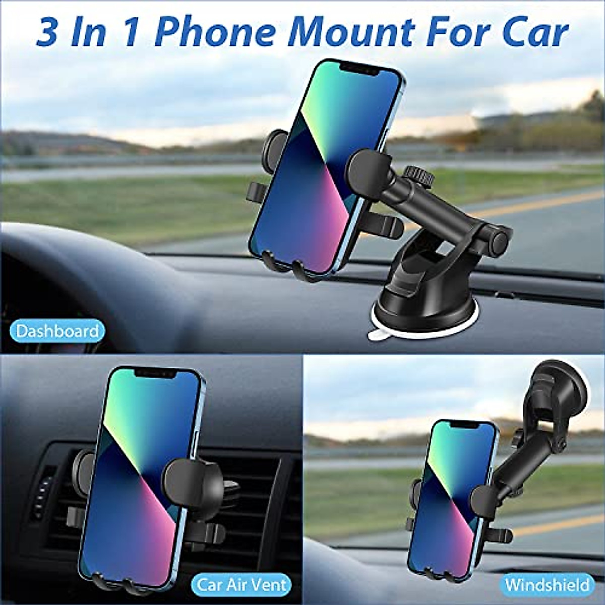 Sancore Dashboard Phone Mount for Car - Adjustable Arm Car Phone Holder Air Vent, Windshield 3 in 1 Cell Phone Mount Compatible with iPhone 14 13 12 Pro Max, Galaxy S20 S21 S22 Ultra