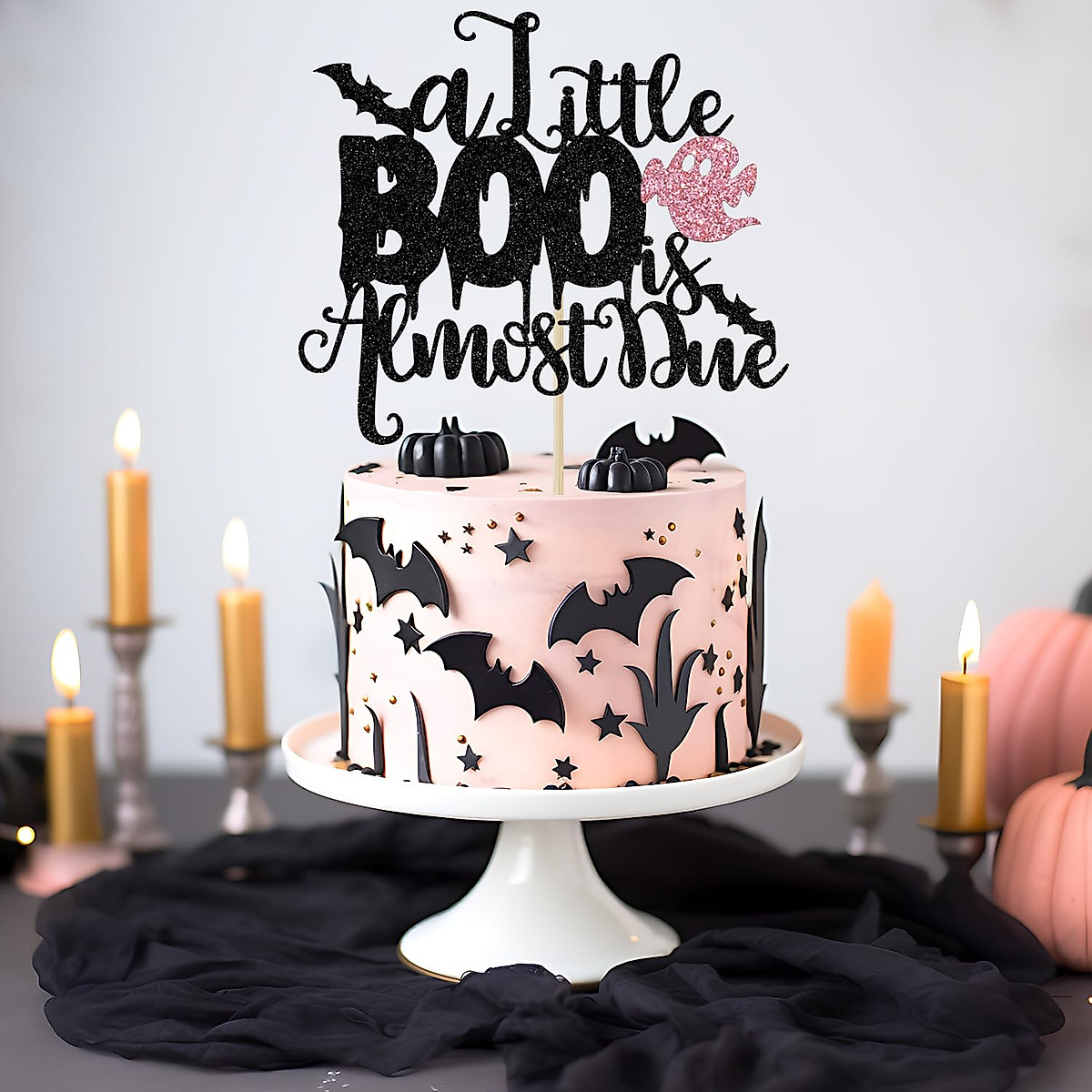 A Little Boo is Almost Due Cake Topper, Halloween Baby Shower Decorations for Girl, Girls Halloween Theme Baby Shower Birthday Party Decorations(Pink)