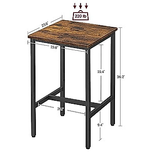 VASAGLE Bar Table, Small Kitchen Dining Table, High Top Pub Table, Height Cocktail Table for Living Room Party, Sturdy Metal Frame, 23.6 x 23.6 x 36.2 Inches for Narrow Spaces, Rustic Brown and Black