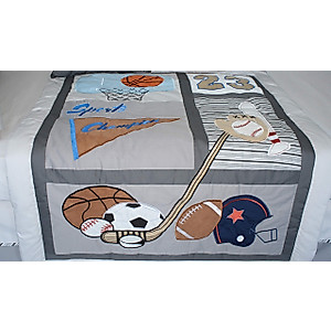 BabyFad Sports Champion Grey Nursery Basketball/Baseball/Football/Hockey/Soccer with Musical Mobile 9 Piece Baby Crib Bedding Set 100% Cotton