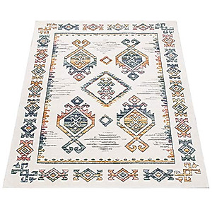Ethnic Design Area Rug in Beige with Colorful Boho Pattern, Size: 3'11" x 5'7"