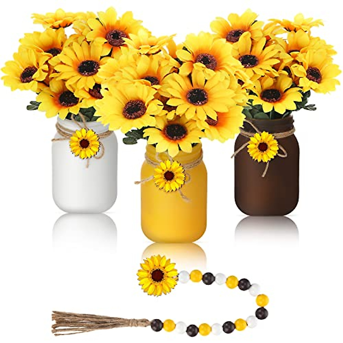 13 Pcs Mason Jar Table Centerpiece Faux Sunflower and Lemon Kitchen Decor and Accessories and Beaded Garland Spring Summer Farmhouse Decoration for Home Kitchen Tiered Tray Decor (Sunflower Style)