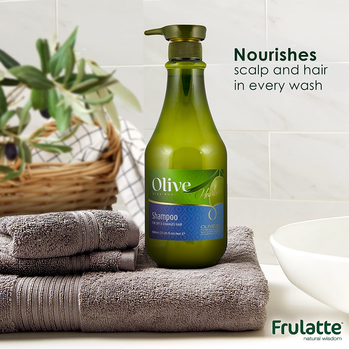 Frulatte Olive Shampoo with Organic Olive Oil | Rich in Vitamins A, D & E Hydrating Shampoo for Dry Damaged Hair | Paraben Free Shampoo | Natural & Deep Cleansing Hair Shampoo, 27 fl oz