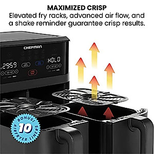 Chefman TurboFry Touch Dual Air Fryer, Maximize The Healthiest Meals With Double Basket Capacity, One-Touch Digital Controls And Shake Reminder For The Perfect Crispy And Low-Calorie Finish