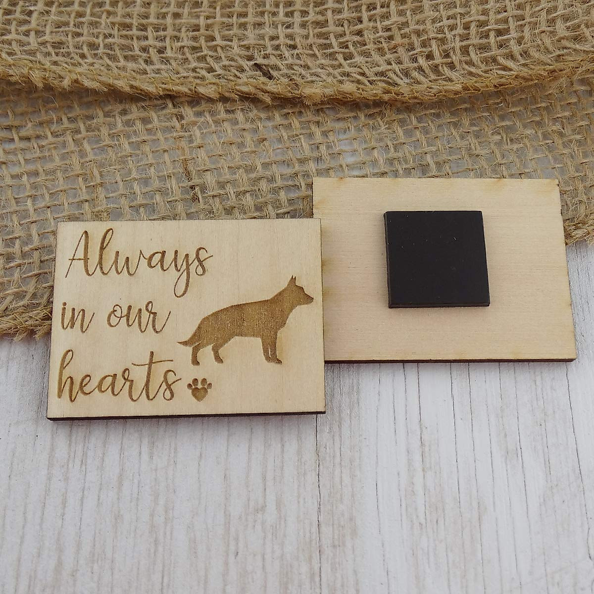 Always in Our Hearts with German Shepherd Dog - Memorial Refrigerator Magnet, Engraved Wood 2" x 1.5" Keepsake Gift