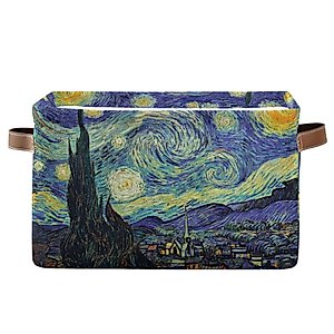 ALAZA Van Gogh Starry Night Large Storage Basket with Handles Foldable Decorative 1 Pack Storage Bin Box for Organizing Living Room Shelves Office Closet Clothes
