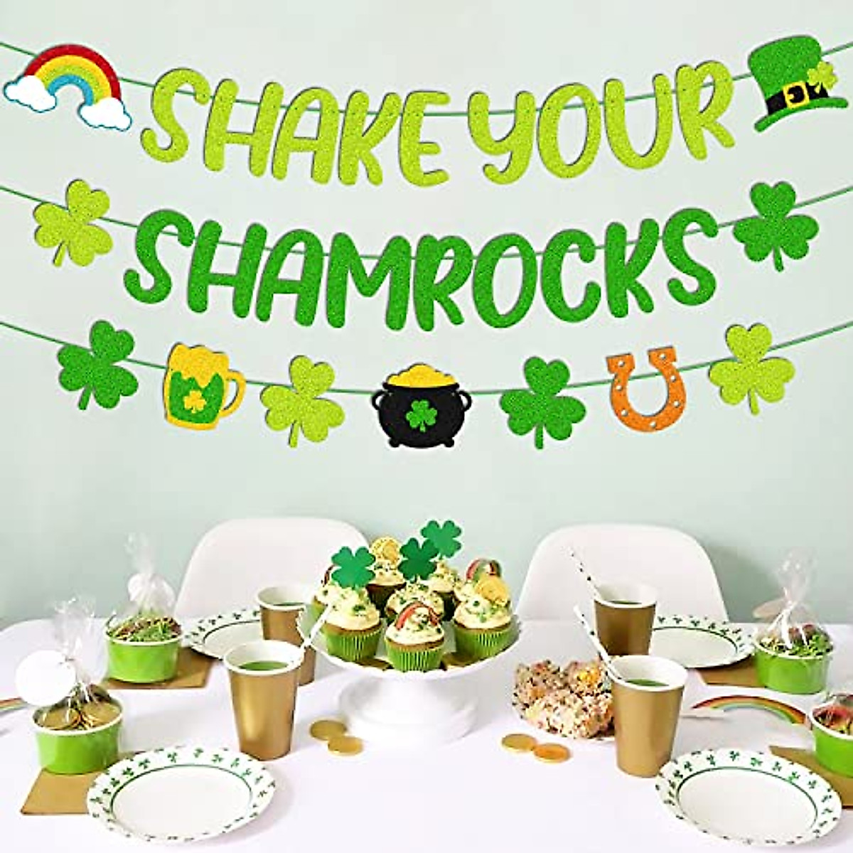 St Patrick Day Banner Shake Your Shamrocks Banner Happy St Patrick Party Garland Decoration Glitter Green Three Leaf Clover Shamrocks Garland for Irish Day Birthday Baby Shower Engagement Bridal Shower Bachelorette Party Anniversary Celebration Supplies