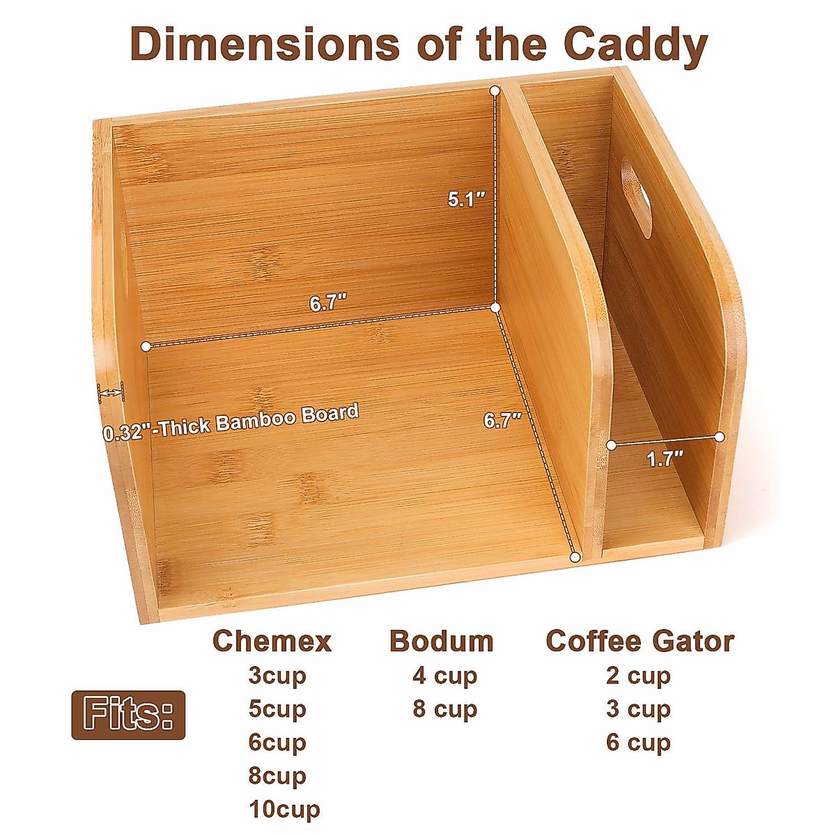 PrimZooty Bamboo Caddy with Lid & Heatproof Trivets Mat for Chemex CoffeeMakers - Designed for Chemex Pour - Over Glass Coffeemaker(3/5/6/8/10Cup), for Bodum Pour Over Coffee makers(4/8Cup)