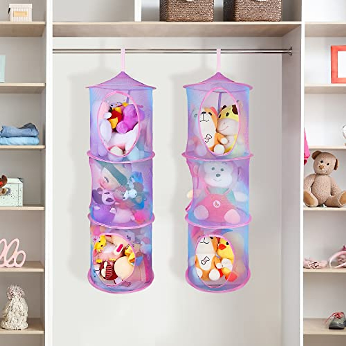 FIOBEE Stuffed Animals Hammock Net Toy Storage 2 Pack Hanging Stuffed Animals Organizer Holder Mesh Toy Organizer with 3 Compartments for Girls Room Closet Kids Playroom, Purple