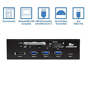 Kingwin Powered USB Hub 3.0 w/ 1 USB-C Port, SD Card Reader & Micro SD Card Reader - Sata Power Port w/Lightning Speed Data Transfer Up to 5Gbps - 5.25" Computer Case Front Bay, black (KW525-3U3CR)