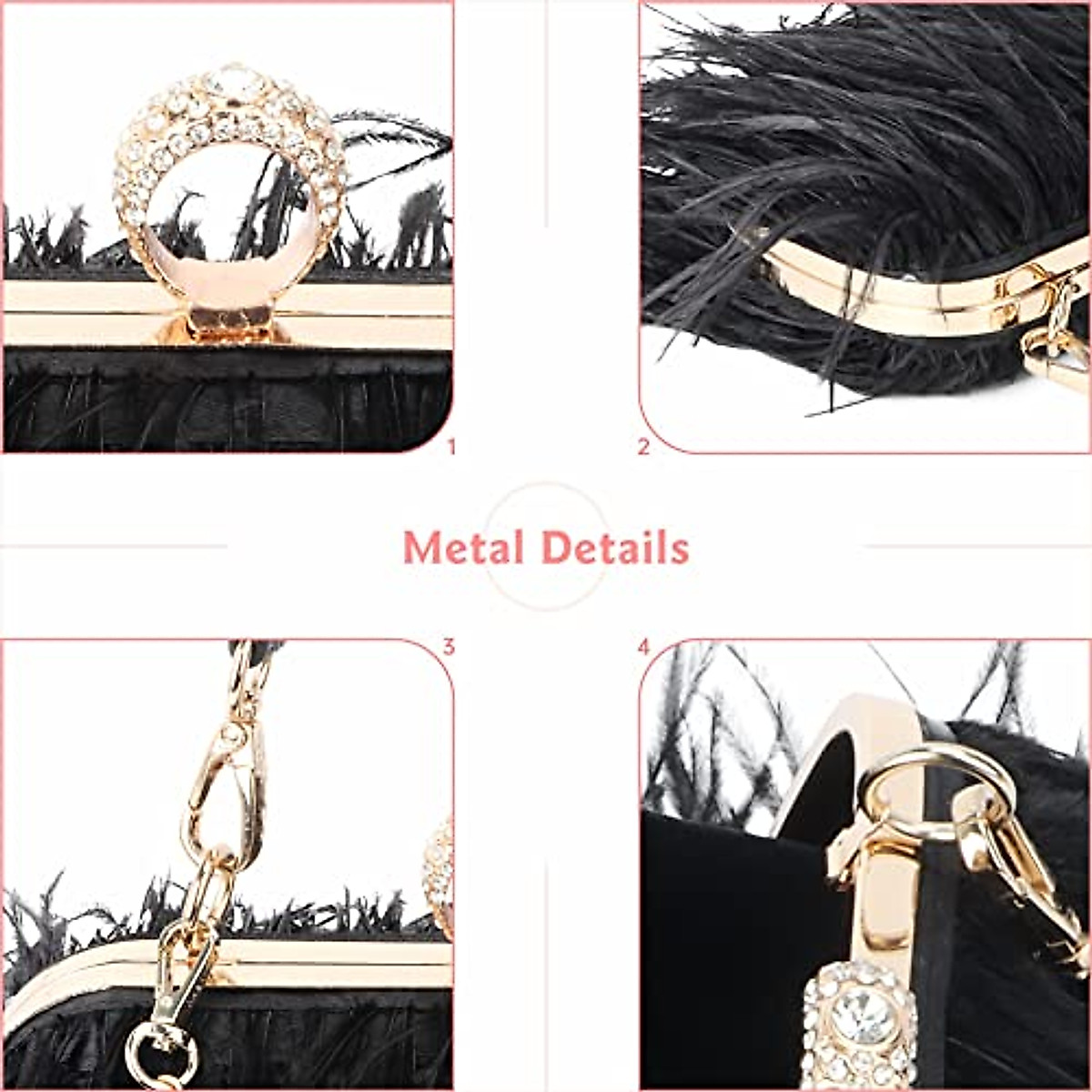 LUPBOK Clutch Purse for Women Feather Clutch Evening Bags Shoulder Crossbody Bag Wedding Party Handbag,Black