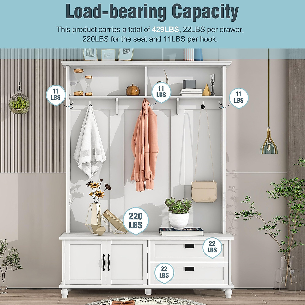 Bellemave Modern Wide Hall Tree with Bench, Shoe Storage, and 2 Large Drawers, White