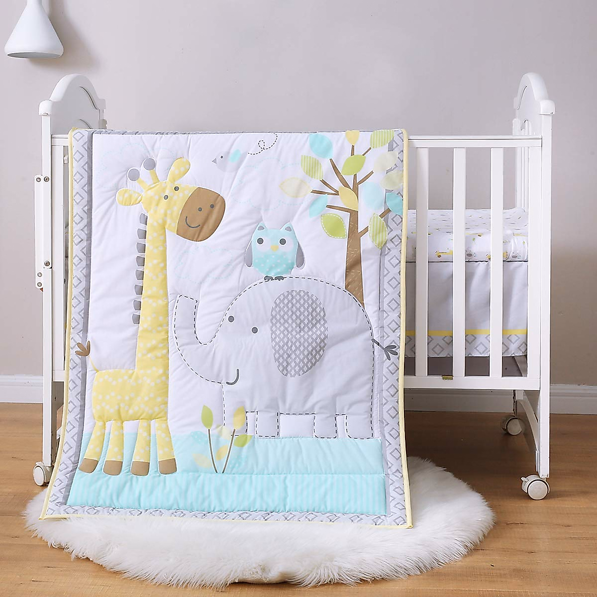 SpringBaby Crib Bedding Set for boy Girl, 3-Piece Cotton Baby Bedding Set, Portable Standard Crib Bedding Set Neutral, Woodland Deer Elephant Crib Bedding Set, Yellow/Grey/Teal