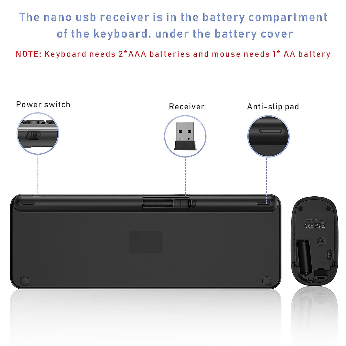 Wireless Keyboard and Mouse Combo, 2.4G Retro Computer Keyboard Mouse with Round Keys, Slim Quiet Keyboard Mouse with 2 in 1 Nano USB Receiver for for Windows, Laptop, PC, Notebook-Black Grey