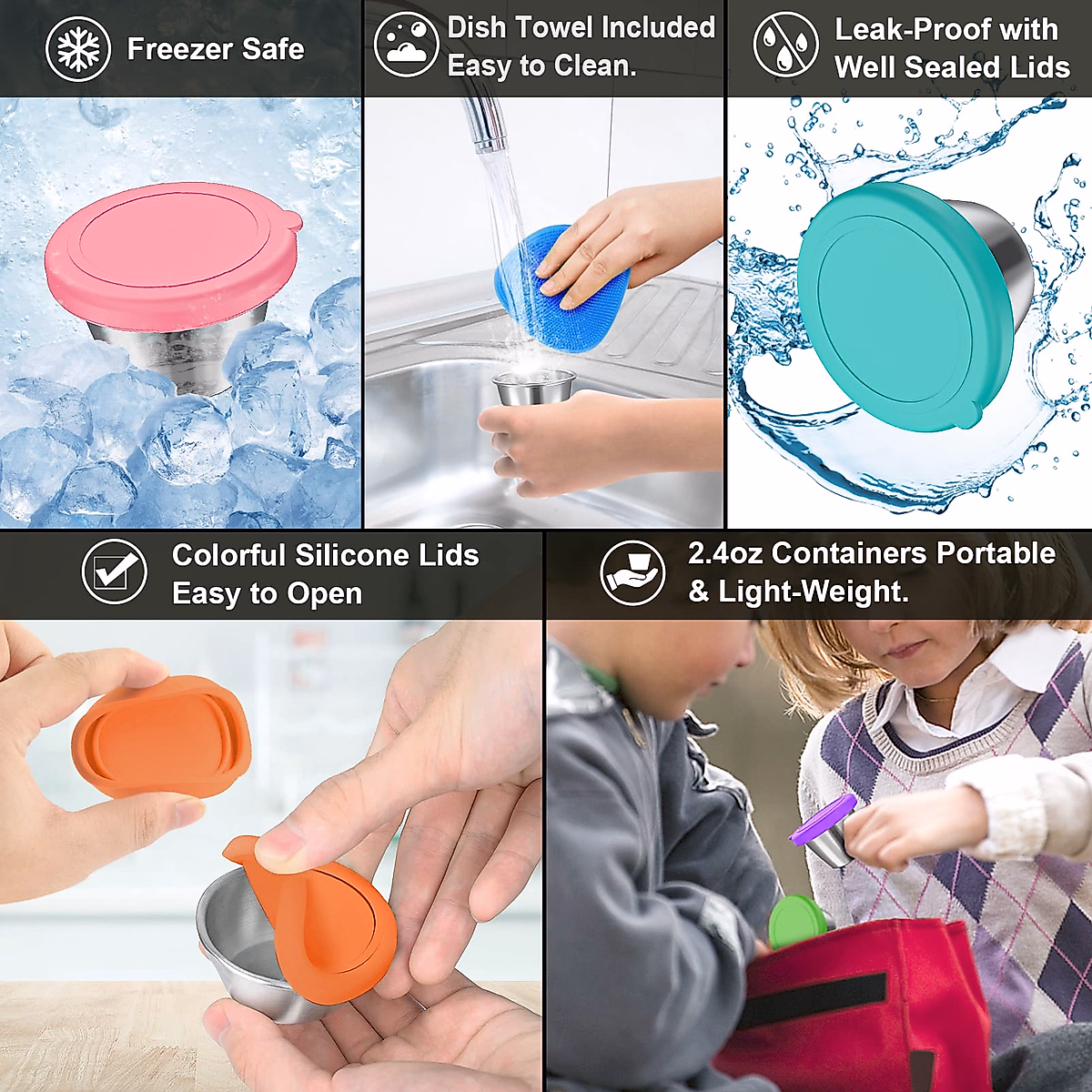 6x 2.4oz Salad Dressing Container to Go, Condiment Containers with Lids, Stainless Steel Sauce Cups Salad Dressing Container for Lunch Bento Box, Reusable,Leakproof