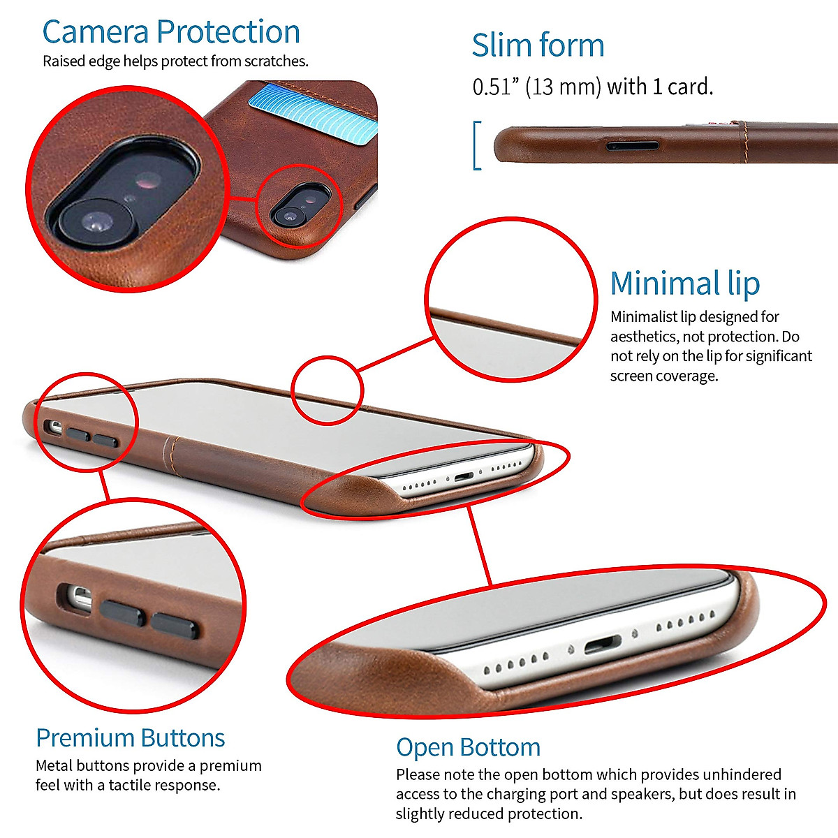 Dockem M1 Card Case for iPhone XR (6.1"): Slim Genuine Leather Wallet Case with Built-in Metal Plate for Magnetic Mounting and Lay-Flat Card Slot: Virtuosa [Brown]