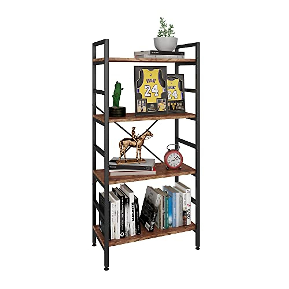 Steehoom 4-Tier Adjustable Bookshelf, Rustic Wood and Metal Standing Tall Bookcase, Open Back Modern Industrial Bookshelves Organizer