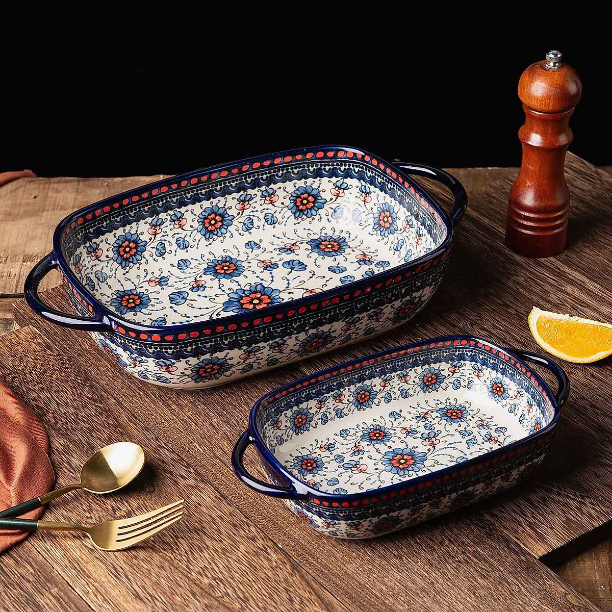 ONECCI Baking Dish Ceramic Baking Pan Blue Casserole Dish Rectangular Baking Set 2pcs Bakeware Sets Lasagna Pan Baking Dishes for oven (Blue plasma grass)