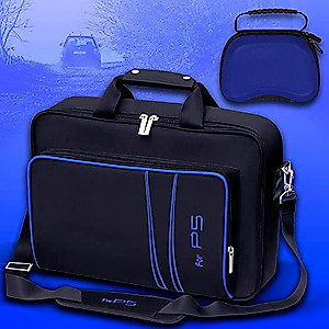 omarando Gaming Console Carrying Case,Compatible with PS5 or PS5 Slim,Travel Carrying Bag for Game Controller and Accessories,Included Controller Protective Box(Black-Blue)