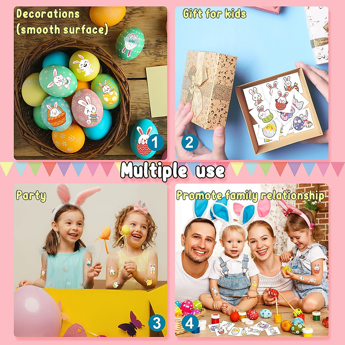 Partywind Luminous Easter Party Decorations, 24 Individually Wrapped Sheets Temporary Tattoos for Kids Easter Basket Stuffers, Easter Tattoo Stickers for Party Supplies