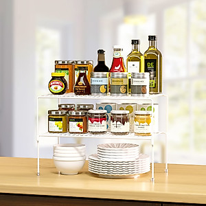 WOSOVO Set of 2 Kitchen Cabinet Organizer and Storage Shelves Stackable Expandable Storage Racks with Anti-Slip Liners for Cabinet Pantry, White