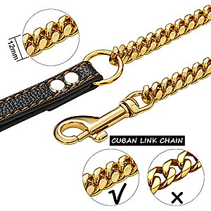 PRADOG Chain Dog Leash Metal Chew Proof 12MM Pet Leash Chain with Leather Padded Handle for Large Medium Small Dogs(Total Length of 3ft)