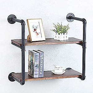 JIANZHUO Industrial Pipe Shelving Floating Shelves,Rustic Wall Shelf Wood Hanging Shelf, Pipe Shelves Wall Mounted,Bookshelves Shelving Bookshelf (2 Tier,24in)