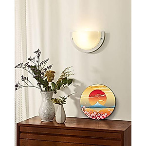 Welcome Wood Wall Hanging Sign (10"x10"), Japanese Mount Fuji Cherry Blossom Sunset Welcome Sign for Front Door, Round Hanging for Home Office Kitchen Farmhouse Garden